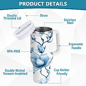 xigua 40 oz Blue Magnolia Flowers Tumbler with Handle and Straw Lid, Stainless Steel Vacuum Insulated Sports Water Bottle, Keeps Cold or Hot Coffee Cup Travel Mug