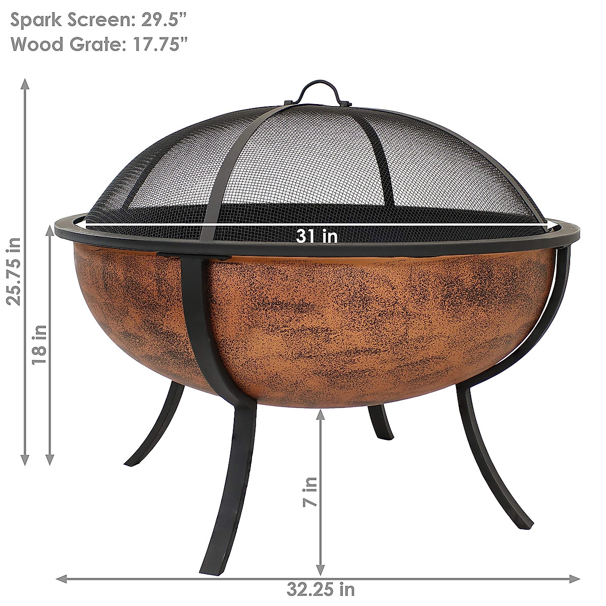 Sunnydaze 32-Inch Steel Fire Pit Bowl - Includes Spark Screen, Wood Grate, and Poker - High-Temperature Copper Finish