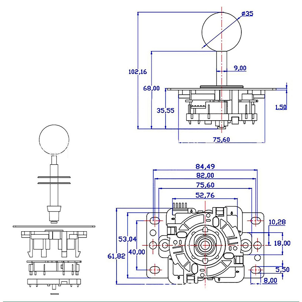 Joystick, Rocker & Ball & Spacer, Game DIY kit Replacement Parts, Pin Circuit Board with Ball for (61.82 x 84.49 x 102.16mm) (Red)