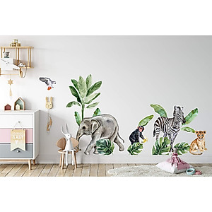 Murwall Kids Wall Decal Peel and Stick Safari Animal Wall Decals Cute African Animals Set Wall Sticker Zebra Giraffe Elephant Lion Leaves Sticker Kids Room Childroom