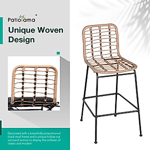 Patiorama Outdoor Bar Stools Set of 4, Patio Counter Height Stools & Bar Chairs w/Footrest, Hand-Woven Armless Beige Rattan Bar Set Patio Furniture for Garden,Pool, Indoor,Cafe,Kitchen(Black Cushion)