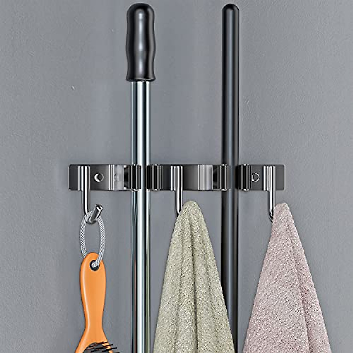 SAYONEYES Screw and Adhesive Broom Holder Wall Mount - Heavy Duty SUS304 Stainless Steel Broom and Mop holder for Laundry Room, Garden, Garage (2 Racks 3 Hooks - Black)