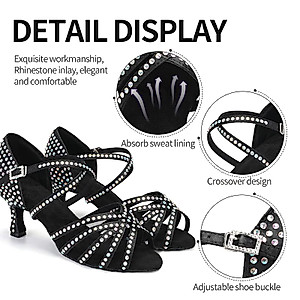 DKZSYIM Women's Satin Latin Dance Shoes Rhinestone Ballroom Salsa Performance Practice Dancing Shoes,AFCT40403-Black-6.5,US 7