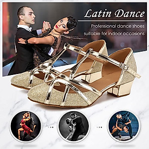 DKZSYIM Glitter Women Latin Dance Shoes Closed Toe Ballroom Salsa Tango Practice Performence Party Dancing Shoes,2040-Gold-3,US 9.5