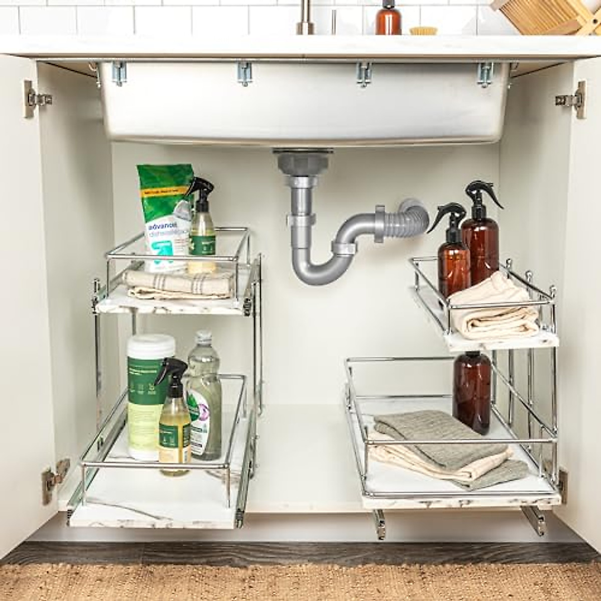 Household Essentials Glidez Chrome-Plated Steel and Faux Marble Pull-Out/Slide-Out Storage Organizer for Under Cabinet Use - 2-Tier Dual-Slide - Fits Standard Size Cabinet or Shelf, White and Chrome