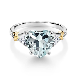 Gem Stone King 925 Silver and 10K Yellow Gold 10MM Heart Gemstone Birthstone White Moissanite and White Diamond Engagement Ring For Women | Available in Size 5,6,7,8,9