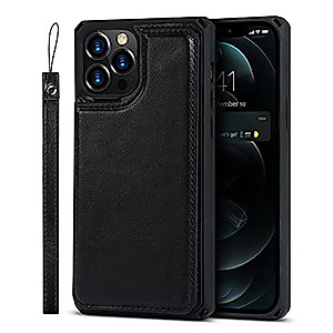 ShunJieTech for iPhone 12 Pro Case,for iPhone 12 Case,[ Credit Card Holder & Slot Wallet Case ] Back Shell Leather Cover Shockproof Protective Case with Strap(6.1")-Black