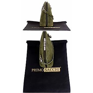 PRIMO SACCHI Ladies Italian Suede Leather Small Micro Olive Green Crossbody Shoulder Bag Handbag Purse