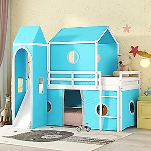 Harper & Bright Designs Twin Size Low Loft Bed with Slide & Curtains and Tower, Solid Wood Loft Bed Frame with Tent, Twin Over Twin Floor Bunk Bed for Kids Girls Boys (Blue)