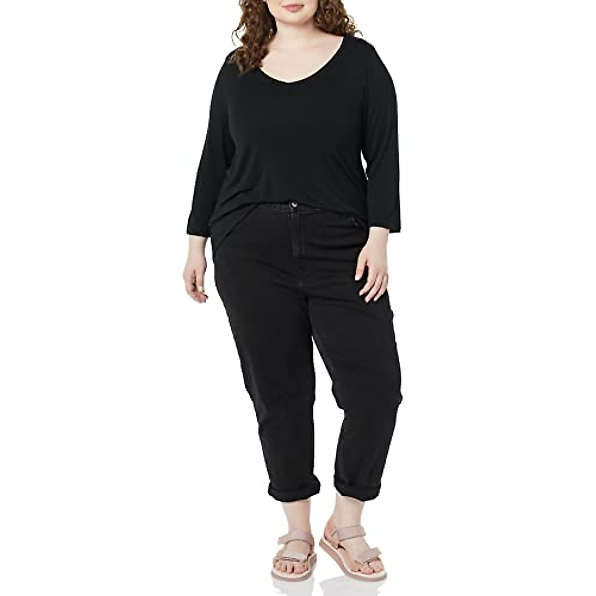 Amazon Essentials Women's 3/4 Sleeve V-Neck Swing T-Shirt (Available in Plus Size), Pack of 2, Black, 3X