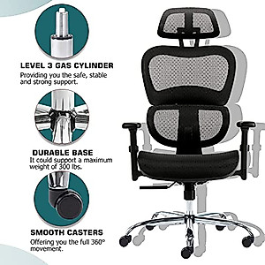 SMUG Ergonomic Office High Back Computer, Mesh Home Desk Lumbar Support, Tilt and Lock, Comfy Rolling Executive Swivel Task Chair with 3D Adjustable Headrest and Armrests, Black