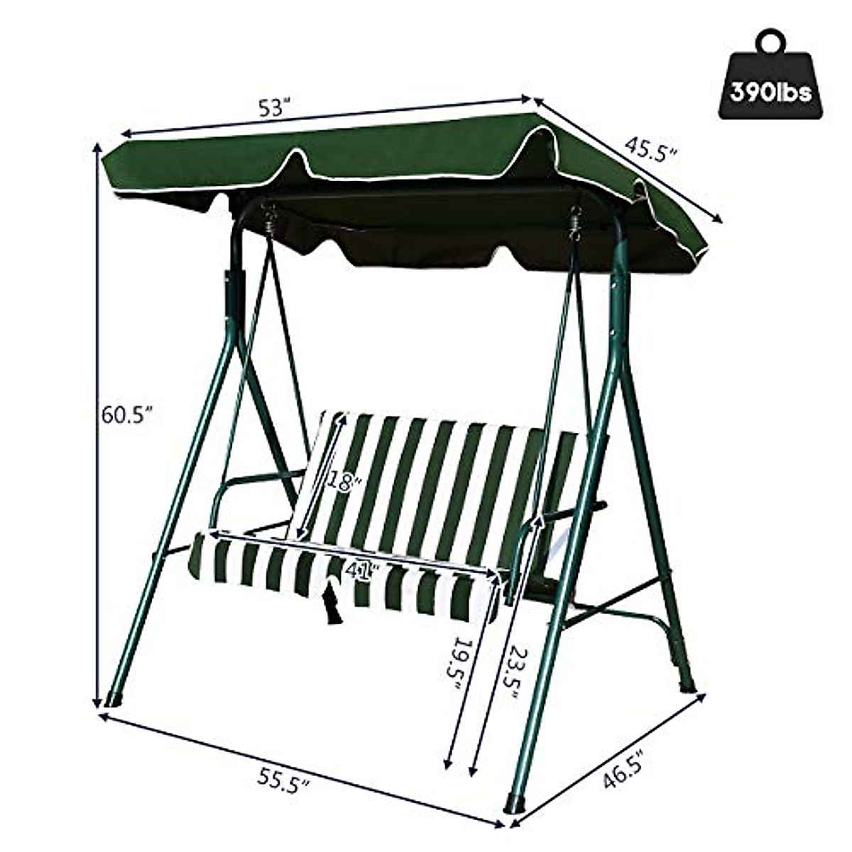 Tangkula 2-Person Patio Swing, Outdoor Yard Swing with Canopy & Cushion, Weather Resistant Steel Lounge Swing Chair for Porch, Backyard, Garden, Balcony (Green)