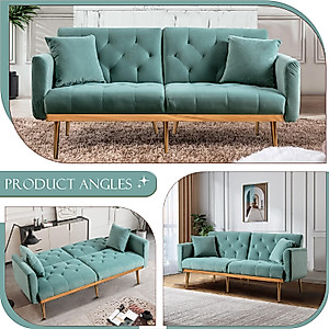 Convertible Velvet Futon Sofa Bed, Upholstered Loveseat Sleeper Couch with 3 Reclining Angles and 2 Pillows, Modern Living Room Sofa Couch with 5 Solid Metal Legs for Guest Room, Office, Mint Green