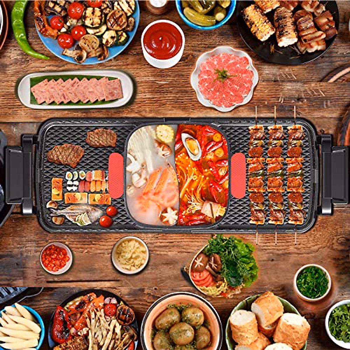 Barbecue Hot Pot 2 In 1, Indoor Korean BBQ, Dual Control Shabu Shabu, Hot Pot with Grill, Multifunction Smoke Free Stove Portable with Free Spoons, Brushes, Pliers, Strainer Scoops 110v.
