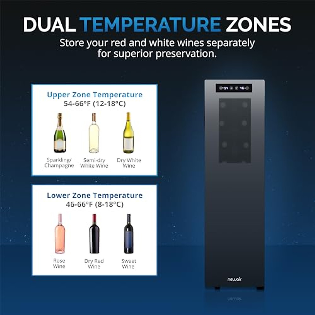 NewAir Shadow-T Series 18 Bottle Thermoelectric Wine Fridge, Dual Temperature Zones, Countertop Wine Refrigerator, Mirrored Compact Wine Cellar, Double-Layer Glass Door Cooler, Vibration-Free