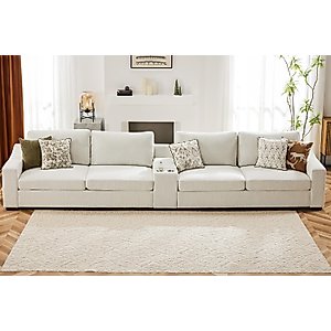 Luxury Sectional Sofa with Console, 2 Cup Holders, Upholstered Modern Linen Fabric 6-Seat Couch with Sloped Armrests & Detachable Cover, Modular Sofas Couches for Living Room, Apartment, Office, Ivory