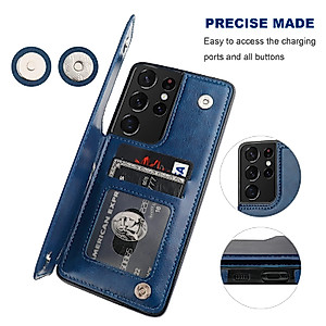 Onetop Compatible with Samsung Galaxy S21 Ultra Wallet Case with Card Holder, PU Leather Kickstand Card Slots Case, Double Magnetic Clasp and Durable Shockproof Cover 5G 6.8 Inch(Blue)