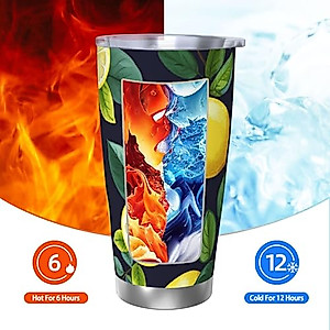 Lemon fruit Tumbler with Lid and Straw 20oz Stainless Steel Car Cup for Hot and Cold Drinks, Double Wall Insulated Travel Coffee Mug Reusable Drink Thermos Cup Birthday Gifts