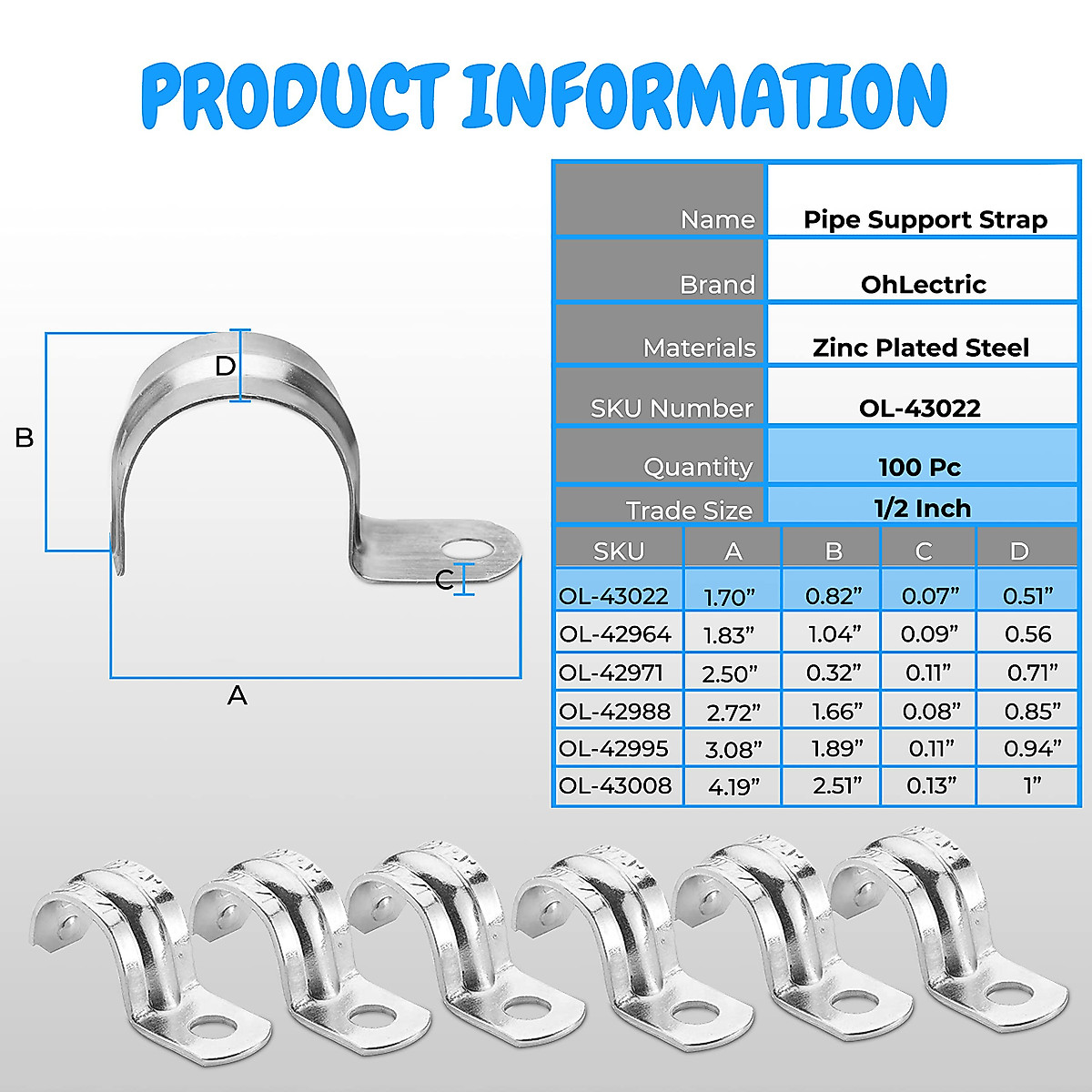 OhLectric 1 Hole 1/2 Inch Pipe Strap - Reinforced Rib For Extra Strength - Zinc-Plated Steel Pipe Strap Clamp For EMT Conduit - Snap-On Installation - Pack Of 100; OL-43022