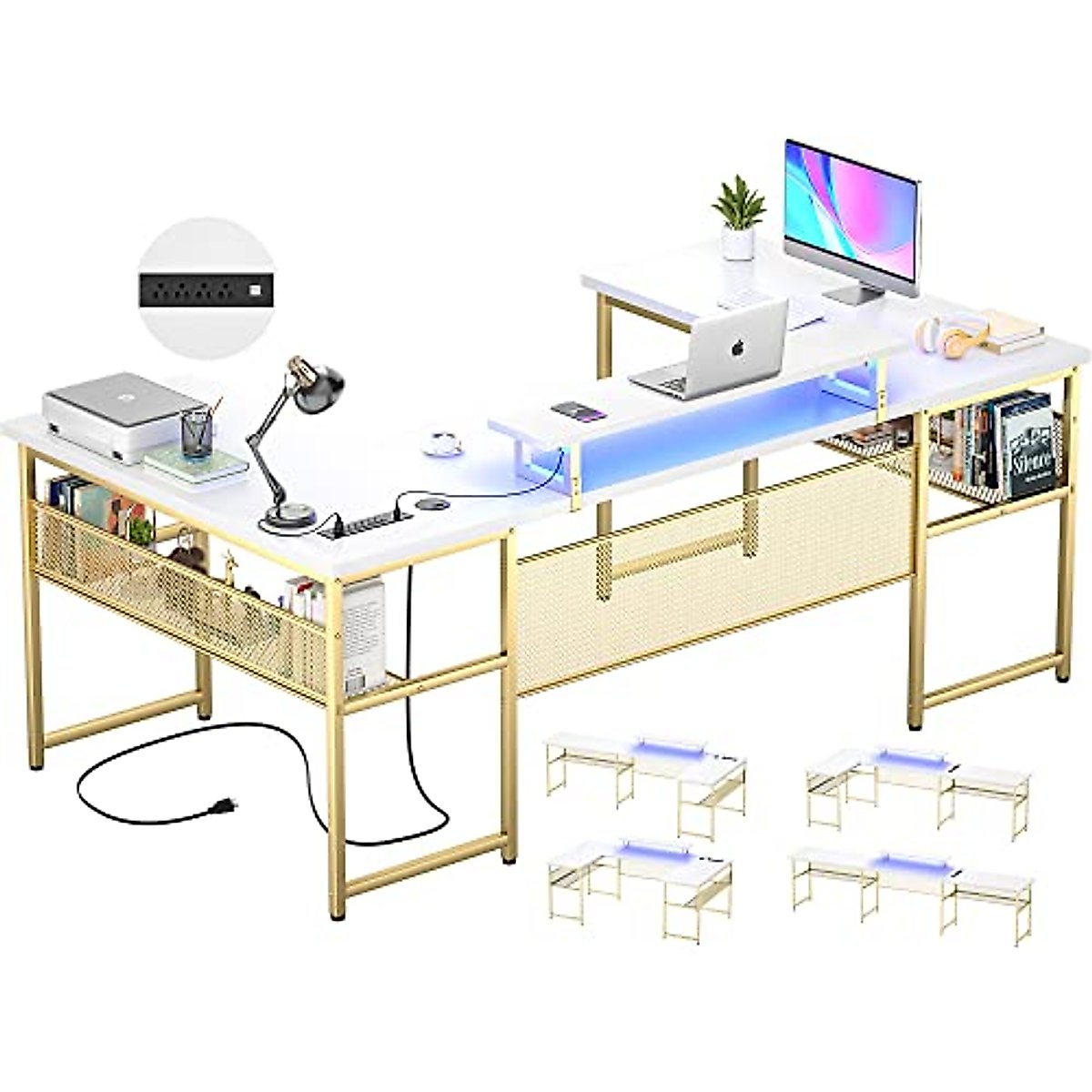 Unikito U Shaped Desk with LED Strip and Power Outlet, Reversible Large Corner Computer Desk with Monitor Stand and Storage Shelf, 83 Inch U Shape Office Desks, 2 Person L Shaped Gaming Table, White