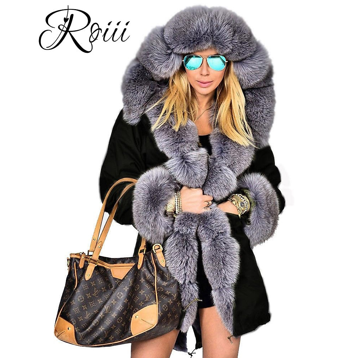 Roiii Women Thicken Warm Winter Coat Hood Down Parka Faux Fur Outdoor Overcoat Long Jacket Outwear