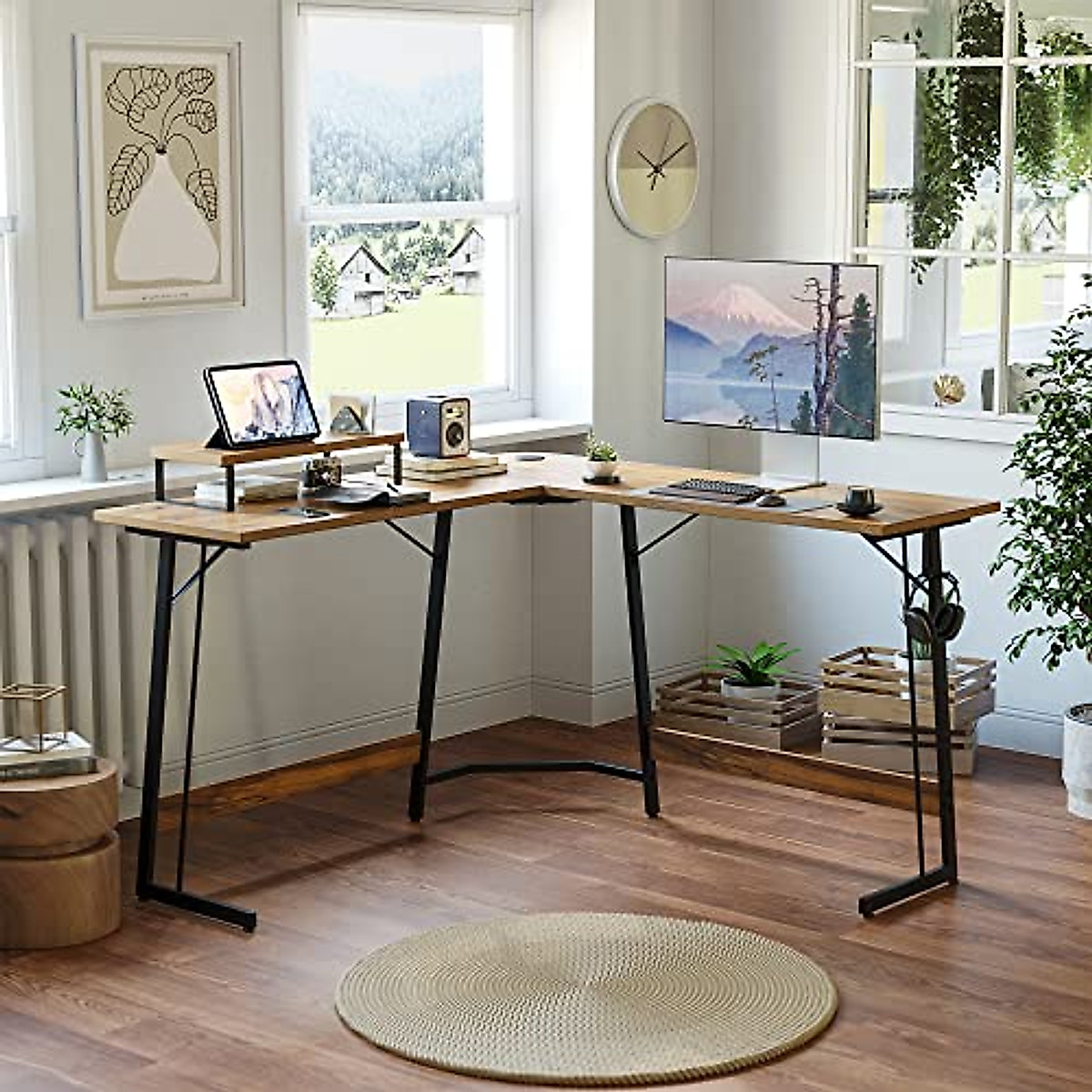 BANTI L Shaped Desk, Computer Gaming Desk, Home Corner Desk, Office Writing Workstation with Large Monitor Stand, Space-Saving, Easy to Assemble, Brown