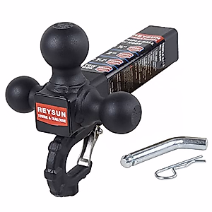 REYSUN Trailer Hitch Tri Ball Mount with Hook, Tactical Tow Hook, Fits 2 inch Hitch Receiver, Secure with Self-Lock Latch, Matt Black