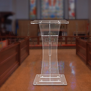 GOJLEX Church Pulpit with Led Lights, 43” Cross Acrylic Church Podium with Large Reading Platform, Transparent Lecterns for Churches, Weedings (23.6” L*15.7”W *43”H)