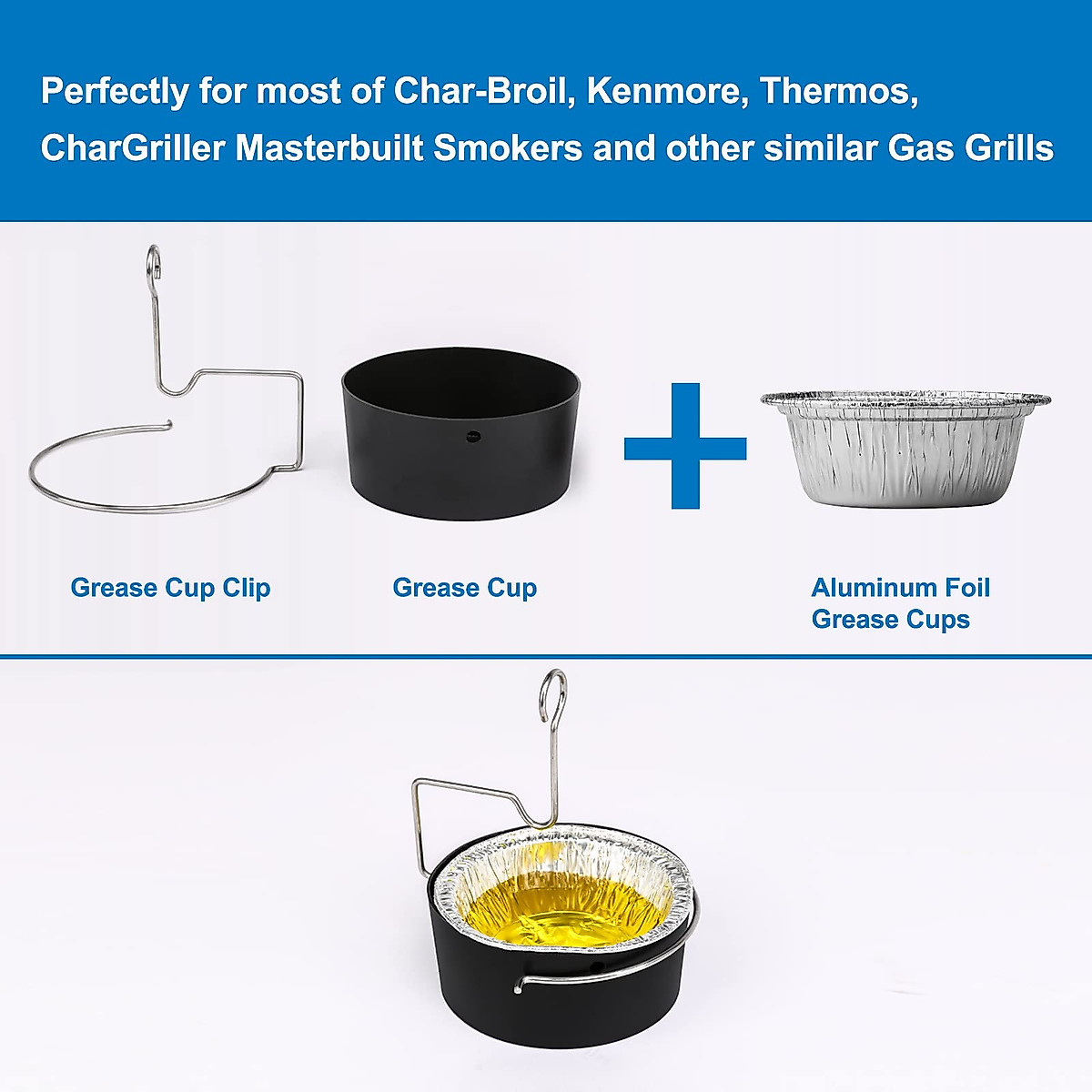 Uniflasy Grease Cup and Grease Clip fits CharBroil Gas Grill, with 15Pack Aluminum Foil Liner, Grease Catch Cup for Masterbuilt 30inch Smoker, for Kenmore and Other Similar Outdoor Grills