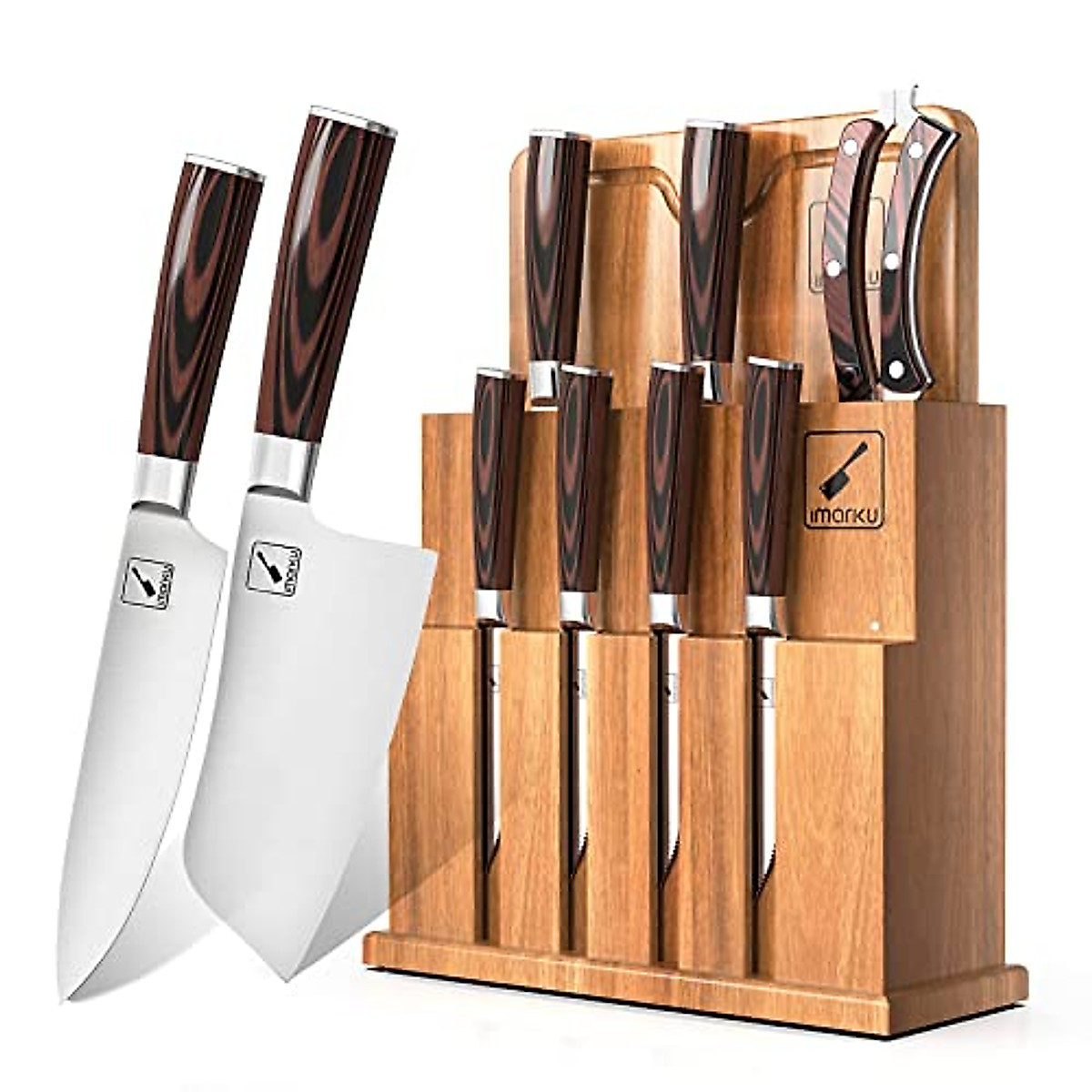 imarku Knife Set with Block, Cutting Board and Cleaver - Stainless Steel Kitchen Knife Set with Sharpener - Chef Knife Sets for Kitchen with Block - Set of 11