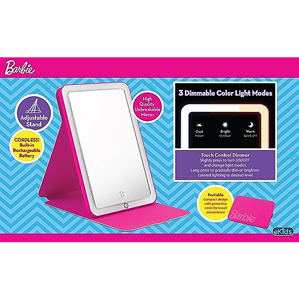 eKids Barbie Travel Mirror with Light and Adjustable Stand, Shatterproof Makeup Mirror with Rechargeable Battery, Designed for Fans of Barbie Accessories and Gifts