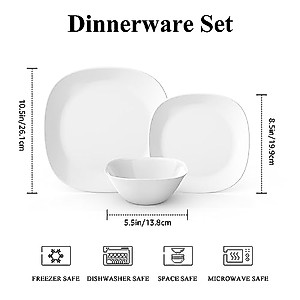Dinnerware Set, MEKY 18-piece Opal Dishes Sets Service for 6|11" Plates|6" Bowl Sets | Dish Sets-Square