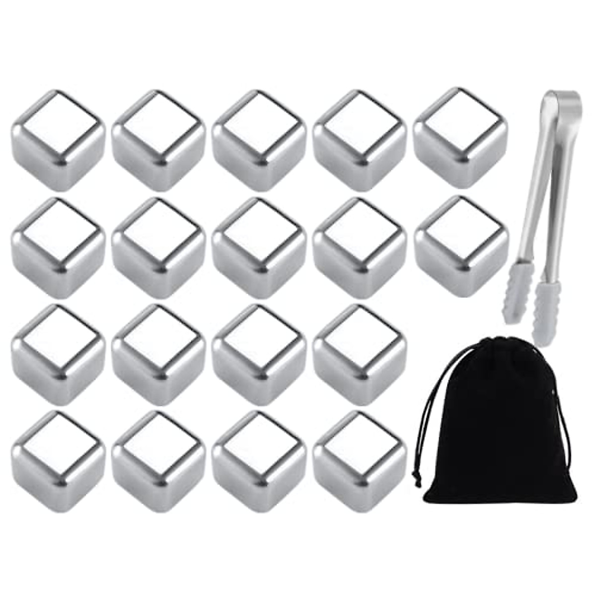 Kellegour 18 PCS Stainless Steel Ice Cubes,Metal Ice Cube,und Velvet Bags+1 Nonslip Ice Tong,Cooling Whisky Rocks,Stainless Steel Whiskey Rocks,For Whiskey,Vodka,Liqueurs,Wine,Beverage Juice or Soda