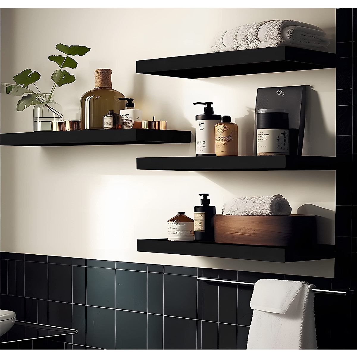 IKJZIZP Rustic Farmhouse Floating Shelves for Wall Decor Storage Wood Wooden Wall Shelves for Bedroom Bathroom Kitchen Living Room - Black Set of 4