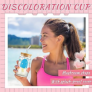 Vesici 6 Pack Color Changing Glasses with Bamboo Lid and Glass Straw Drinking Glasses Mushroom Can Shaped Glass Cups 16 oz Beer Glasses Tumbler Cup Reusable Glass Drinking Straws for Juice Milk Water