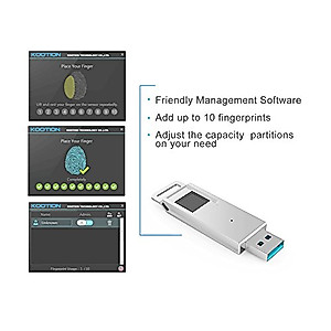 KOOTION 32GB High Speed Recognition Fingerprint Encrypted Flash Drive USB3.0 Dual Storage Security,Silver