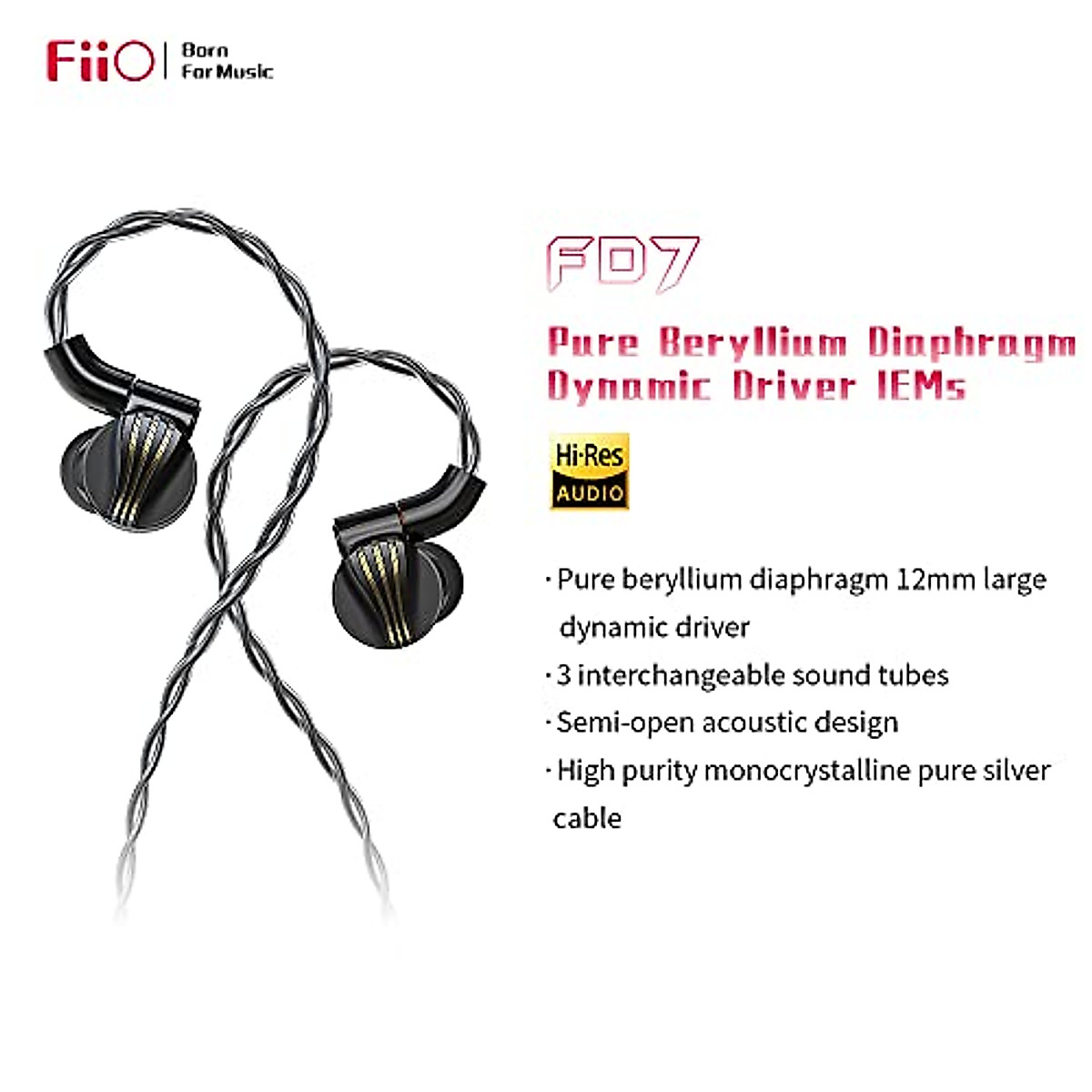 FiiO FD7 Headphones Earphones Wired in-Ear Earbuds High Resolution 1DD Bass Heavy Comes with 2.5/3.5/4.4mm Swappable Plugs MMCX for Smartphones/PC/Laptop/Speaker/Player(Black)