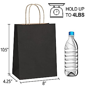 SHOPDAY Black Paper Gift Bags, Kraft Paper Bags with Handles Bulk 8x4.25x10.5 100 Pack Medium Size, Recyclable Black Craft Shopping Bags, Party Bags, Birthday Goody Bags, Retail Bags for Business