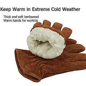 OZERO Work Gloves Winter Insulated Snow Cold Proof Leather Glove Thick Thermal Imitation Lambswool - Extra Grip Flexible Warm for Working in Cold Weather for Men and Women (Brown,Large)