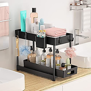 2 Pack Under Sink Organizer with Sliding Storage Drawer, 2 Tier Under Sink Organizers and Storage with 8 Hooks and 2 Hanging Cups, Multi-purpose Under Sink Storage for Kitchen Bathroom Cabinet, Black