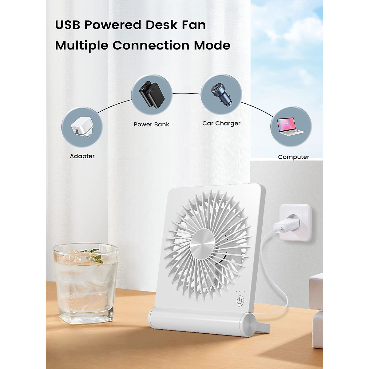 FERRISA Desk Fan On-The-Go, Small But Powerful, Portable Fan Battery Operated, 220° Tilt Folding Ultra Quiet mini Personal Fan, Strong Wind, 3 Speed Adjustable For Office Desktop Travel (White)