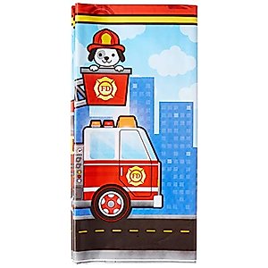 Creative Converting TABLECOVER All Over Print, 54" X 102" Flaming Fire Truck Design Plastic Tablecloth, One Size, Multicolor