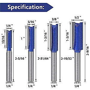 Wolfride 4pcs Straight Cut Router Bits 1/4-Inch Shank Double Flute Straight Router bit Set