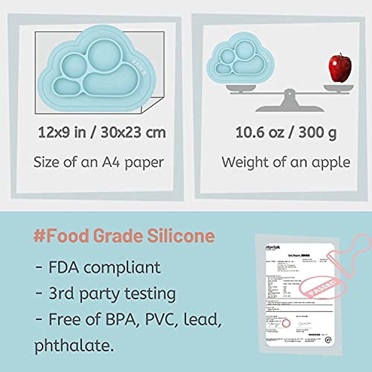 RAiN.B. CloudieMate Silicone Suction Plate with Built-in Placemat for Babies & Toddlers, Microwave Dishwasher Safe, Non-Slip Divided Plate with 4 Sections, BPA Free Food Grade Silicone /Glacier Blue