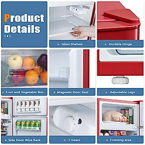 Antarctic Star Mini Refrigerator 3.1Cu.Ft Compact Refrigerator 2-Double Doors with a Freezer Low Noise Defrost Storage of Beverages Vegetables and Fruits for Home Office Dormitory Red