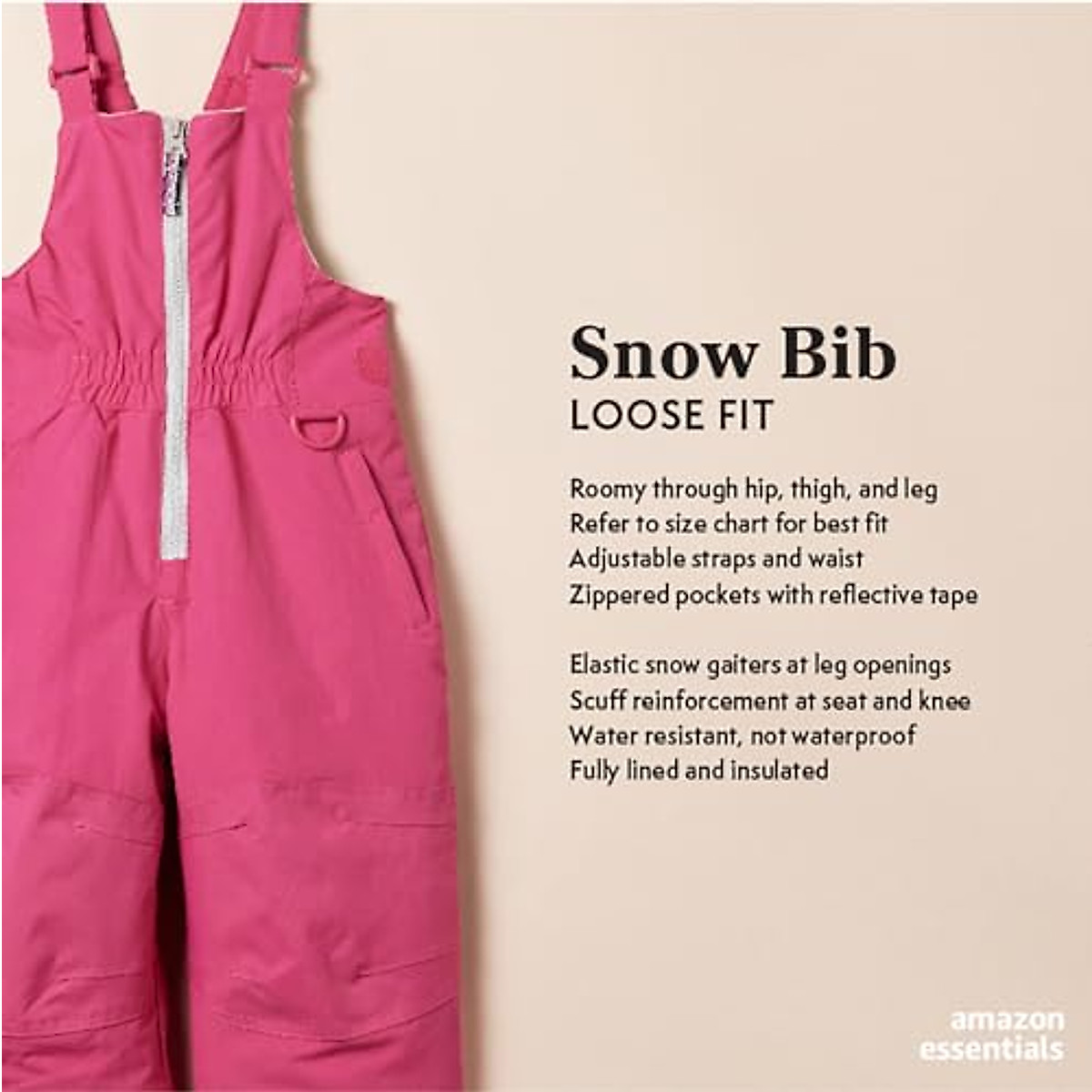 Amazon Essentials Girls' Water-Resistant Snow Bib-Discontinued Colors, Pink, Large