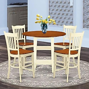 East West Furniture SUGR5H-BMK-W 5 Piece Counter Height Dining Table Set Includes a Round Kitchen Table with Dropleaf & Shelves and 4 Dining Room Chairs, 42x42 Inch, Buttermilk & Cherry