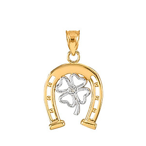 10k Two-Tone Gold Lucky Horseshoe with Irish 4-Leaf Clover 0.007 Carats Diamond Pendant