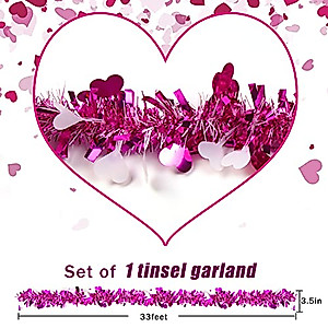 KIMOBER 33 Ft Valentine's Day Tinsel Garland,Roes Red White Heart Metallic Hanging Garland for Party Decoration Supply