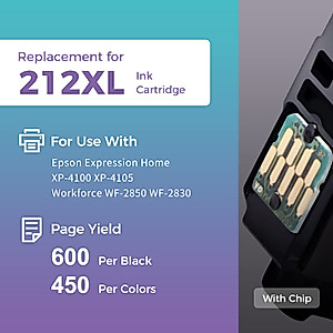 LEMERO UTRUST 212 212XL Remanufactured Ink Cartridge Replacement for Epson 212XL 212 XL T212XL use with Epson Expression Home XP-4100 XP-4105 Workforce WF-2850 WF-2830 (Black Cyan Magenta Yellow)